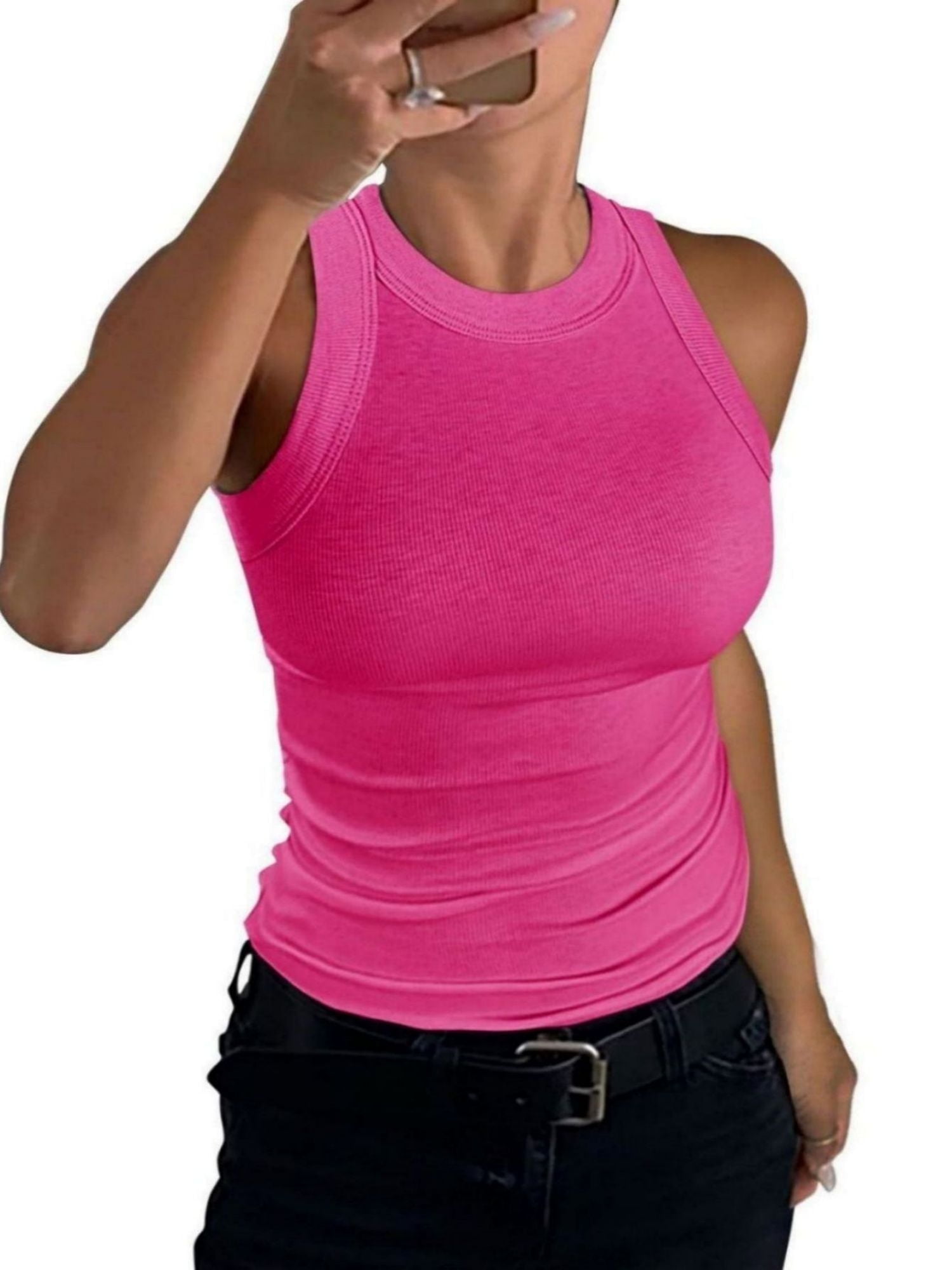 Women's Crewneck Racerback Ribbed Tank Tops Summer Basic High Neck ...