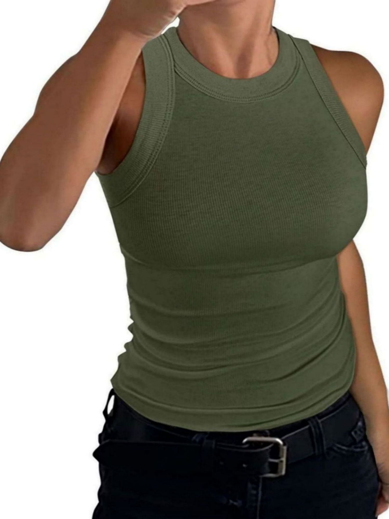 Women's Crewneck Racerback Ribbed Tank Tops Summer Basic High Neck ...
