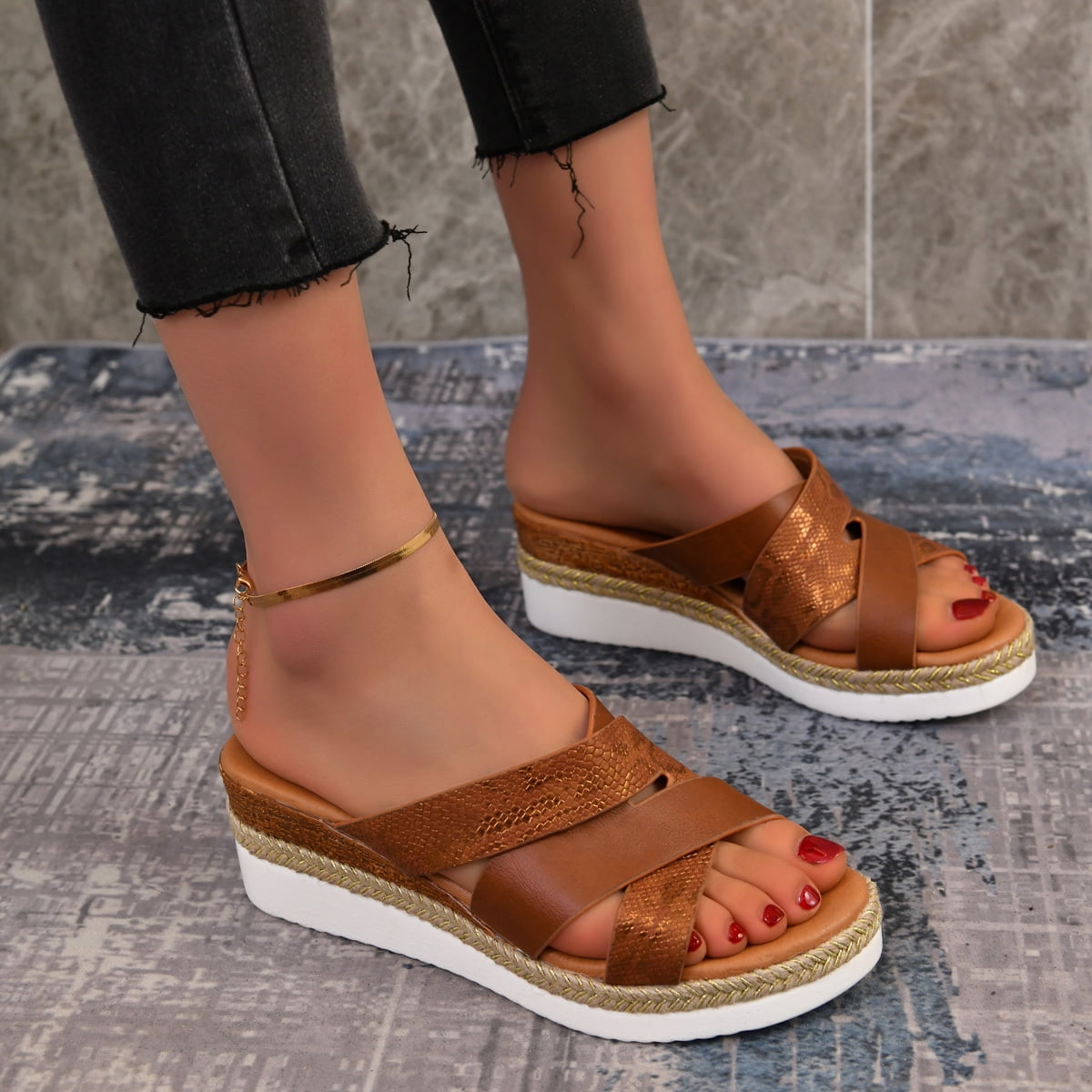 Women's Crisscross Bands Sandals, Platform Slip On Boho Vacation Slides ...