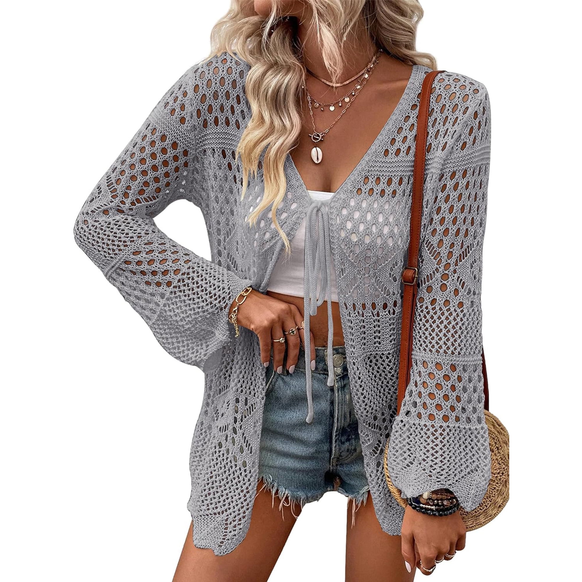Women's Crochet Cardigan Light Weight Long Sleeve Tie Front Hollow Out ...
