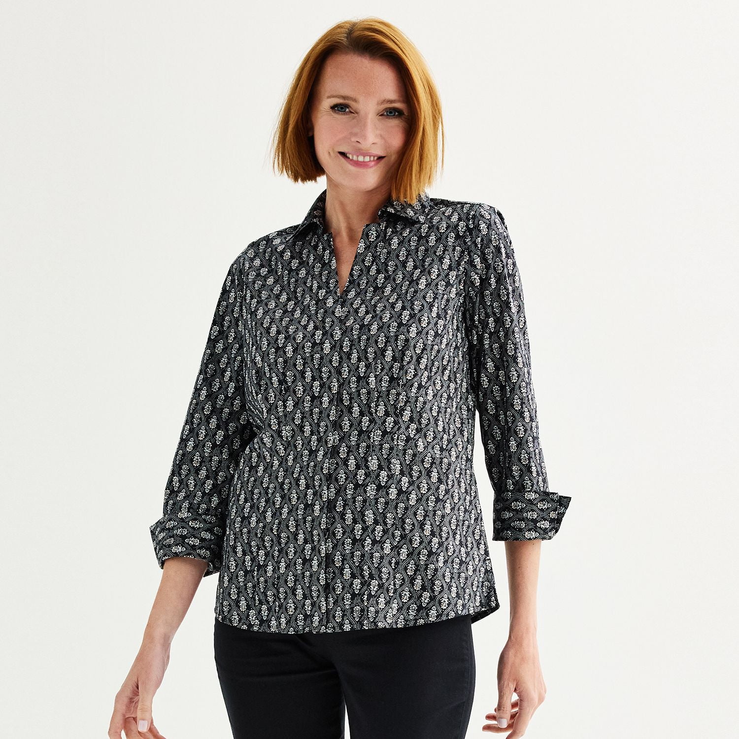 Women's Croft & Barrow® Tailored Button-Down Shirt Color: Black Tan ...