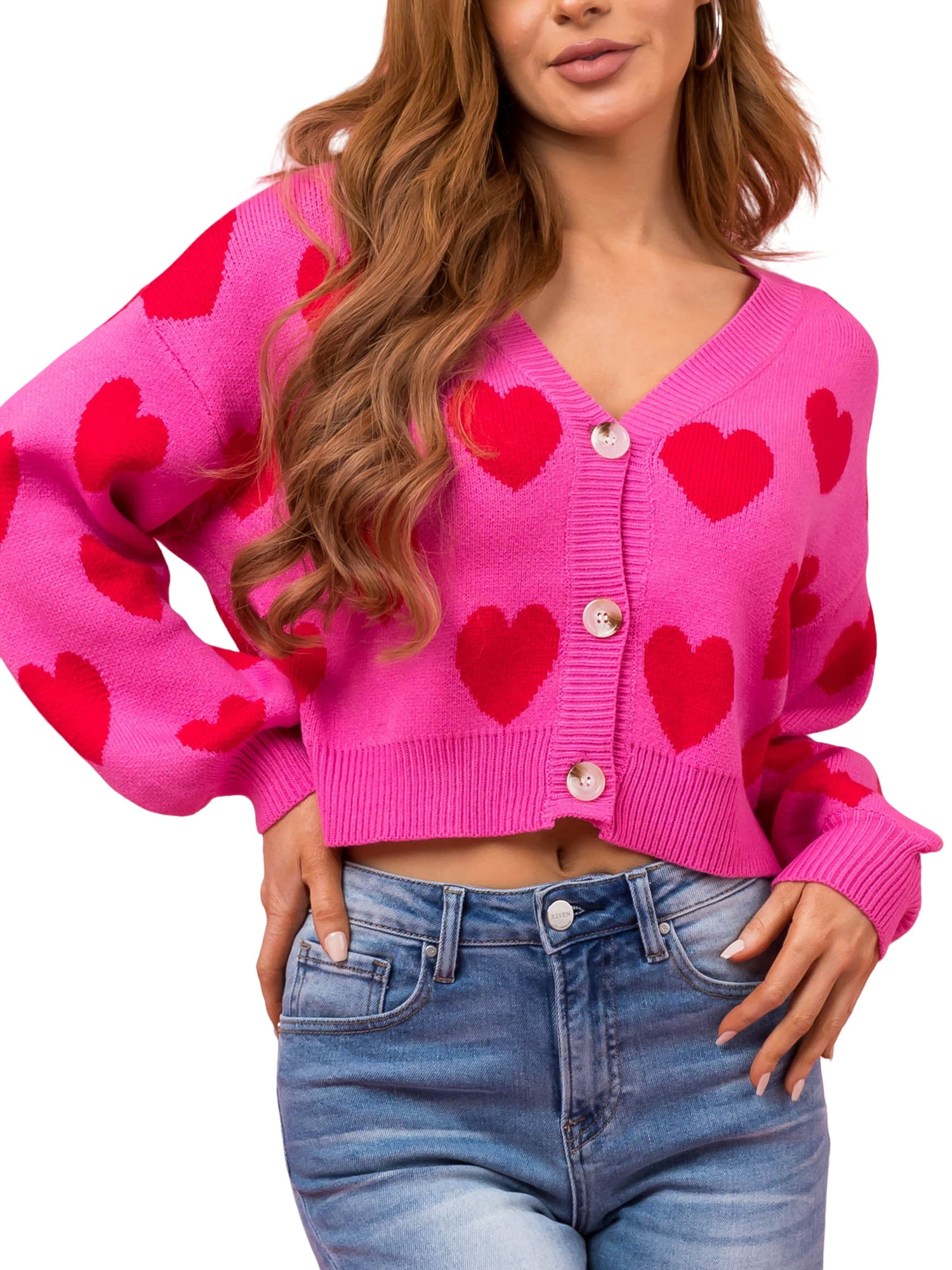 Women's Crop Sweater Cardigan Heart Long Sleeve V Neck Sweaters Button ...