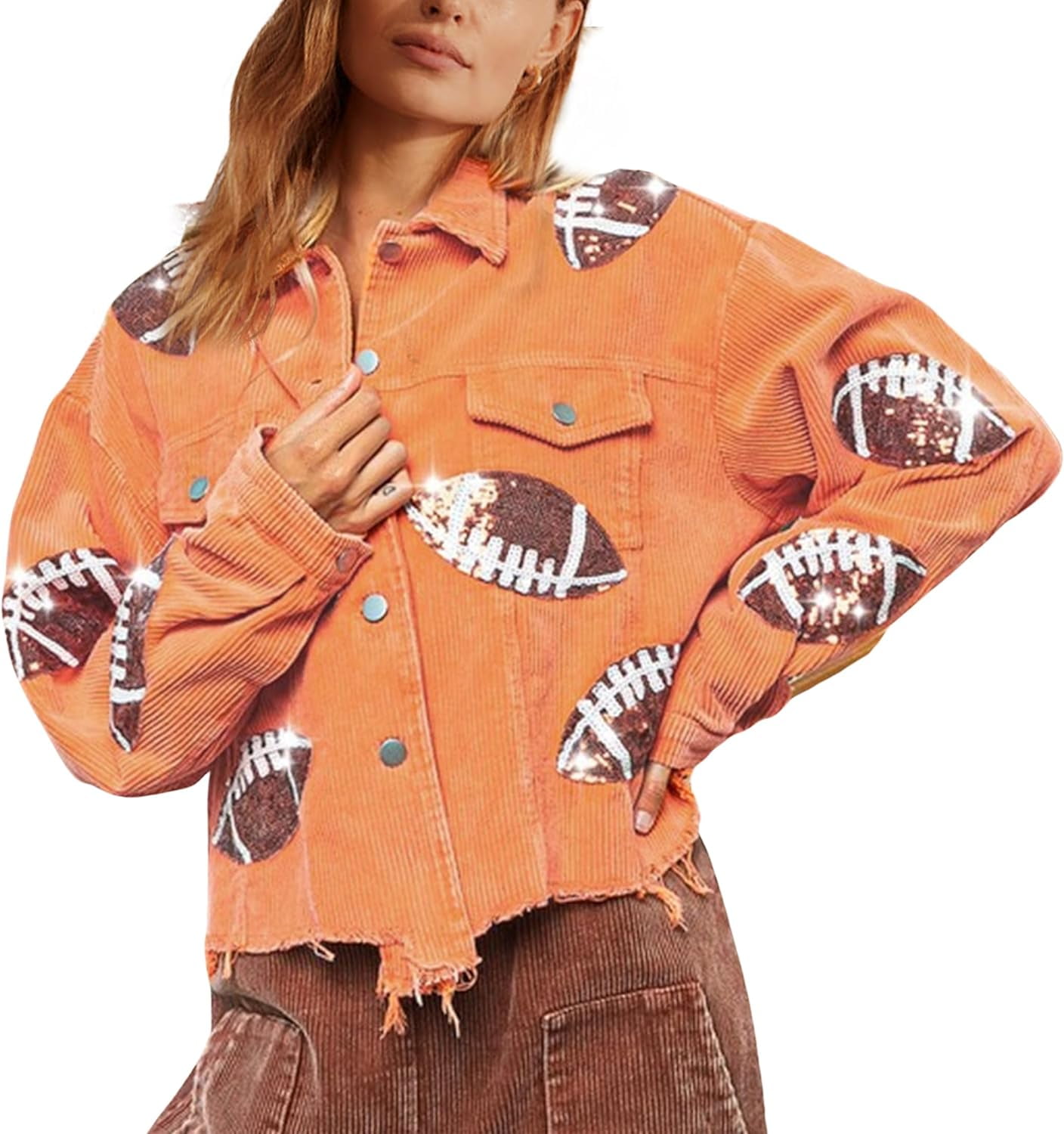Womens Cropped Corduroy Jacket Football Sequin Patched Short Button