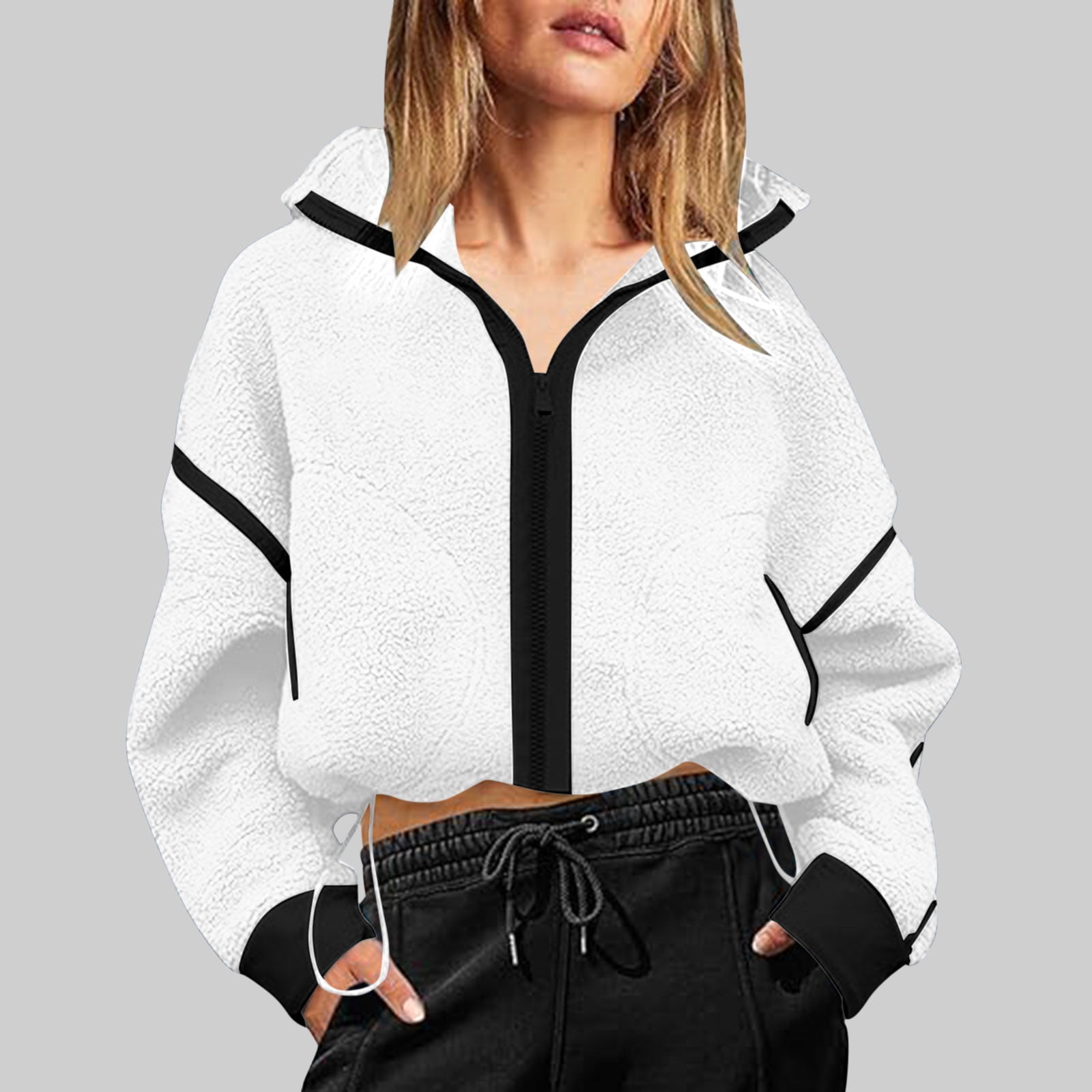 Cyber_Monday Deals! Women's Cropped Fleece Jacket: Zip-Up Hooded Coat ...