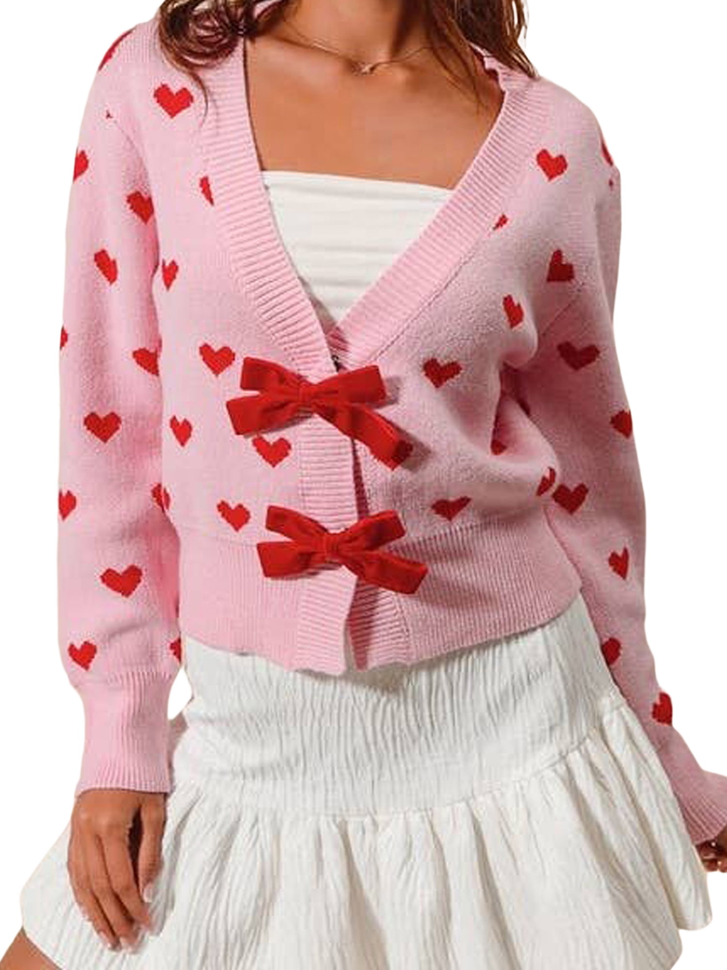 Women's Cropped Knit Cardigan Valentine's Day Heart Pattern Long Sleeve ...