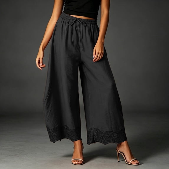 Women's Cropped Lace-Hem Pants High Waisted Drawstring Wide Leg Pants ...