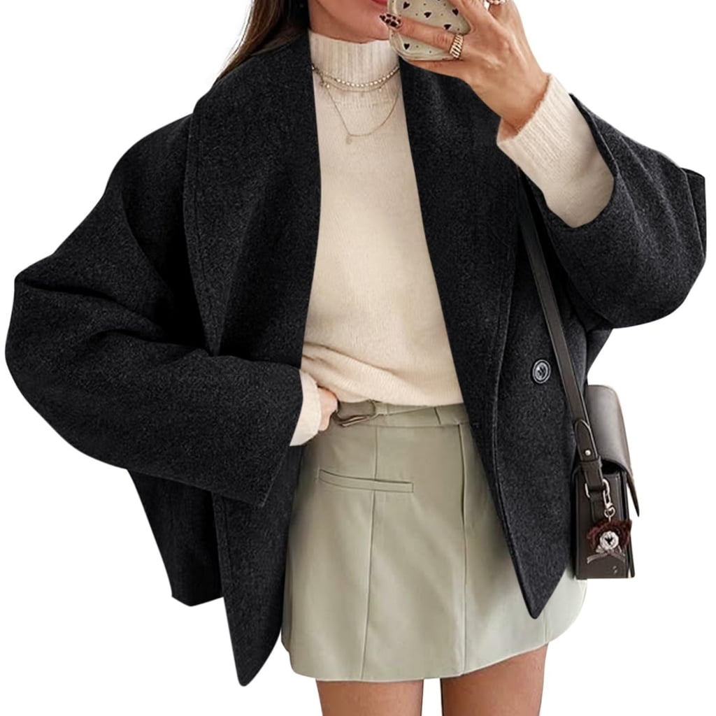 Women's Cropped Pea Coat Oversized Wool Blend Cropped Lapel Double ...