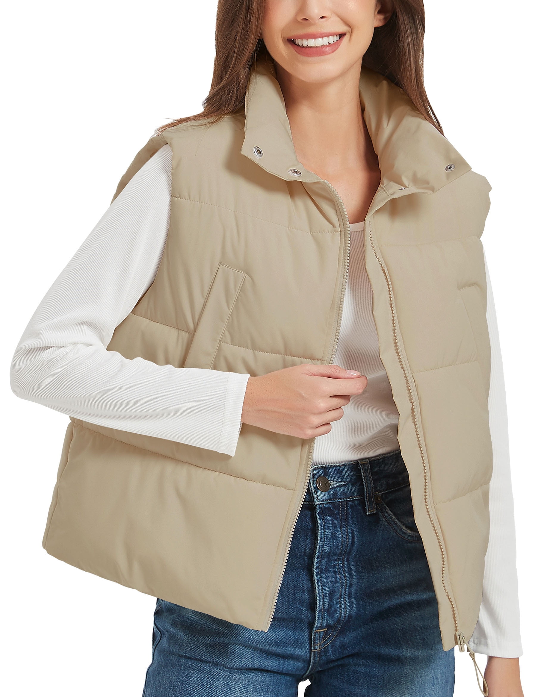 Women's Cropped Puffer Vest Stand Collar Lightweight Sleeveless Crop ...