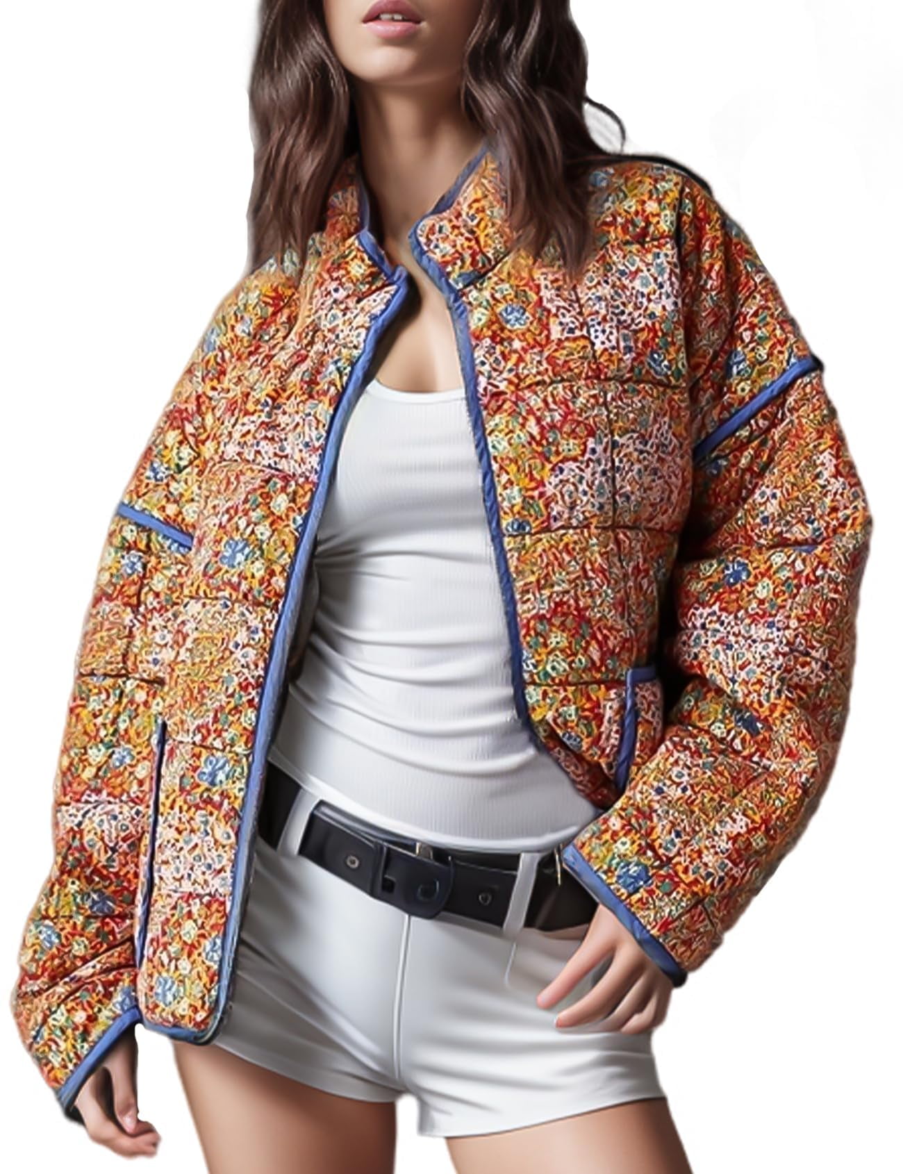Women's Cropped Quilted Jacket Floral Print Stand Collar Puffer Jacket ...