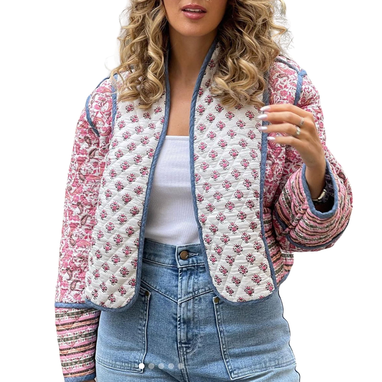 Women's Cropped Quilted Jacket Floral Print Stand Collar Puffer Jacket ...