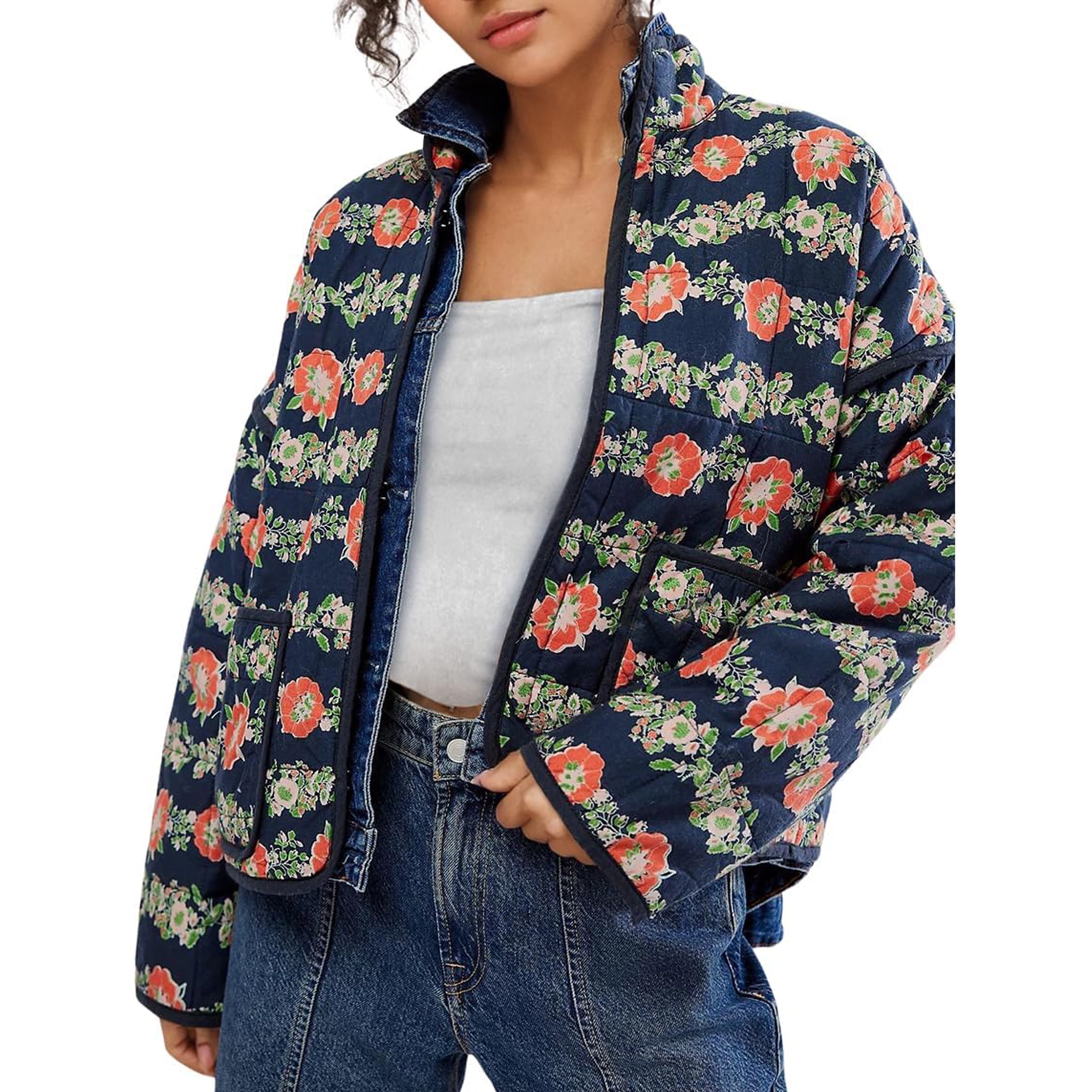 Women's Cropped Quilted Jacket Floral Printed LightWeight Padded Puffer ...
