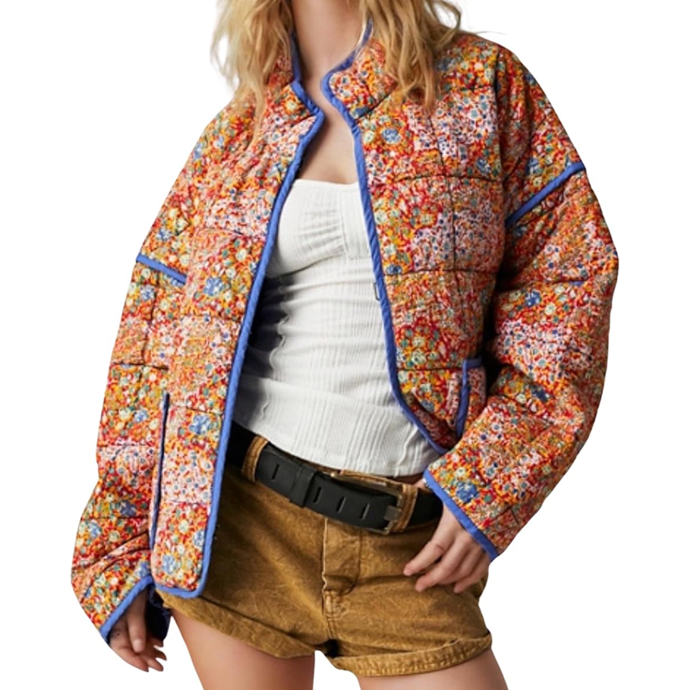 Women's Cropped Quilted Jacket Floral Printed LightWeight Padded Puffer ...