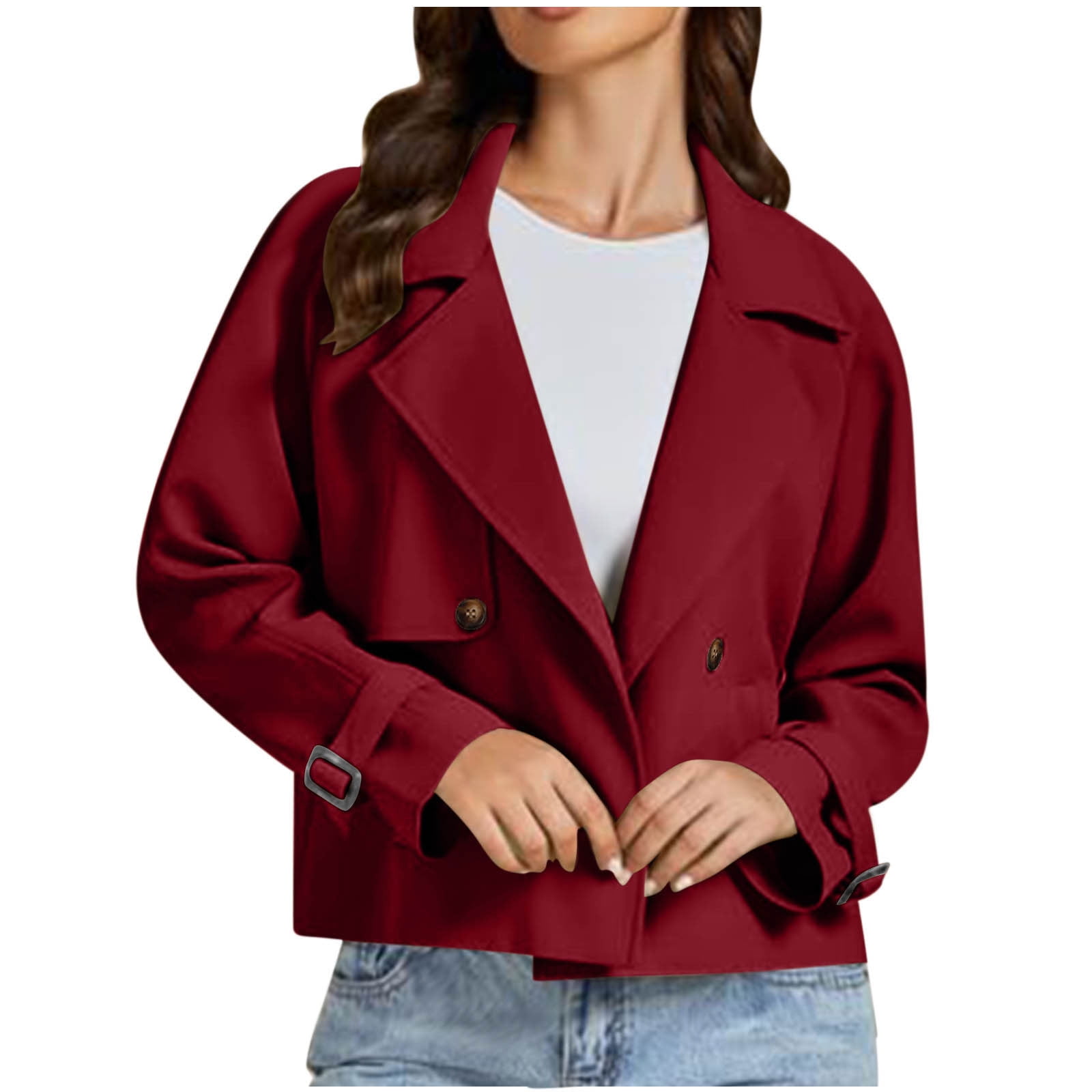 Women's Cropped Trench Coat Elegant Double Breasted Open Front Blazer ...