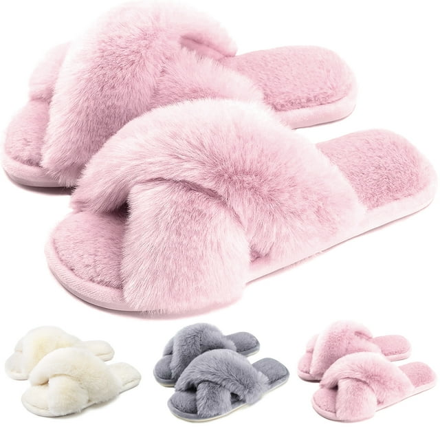 Women's Cross Band Slippers Soft Plush Furry Cozy Open Toe House Shoes Indoor Outdoor Faux ...