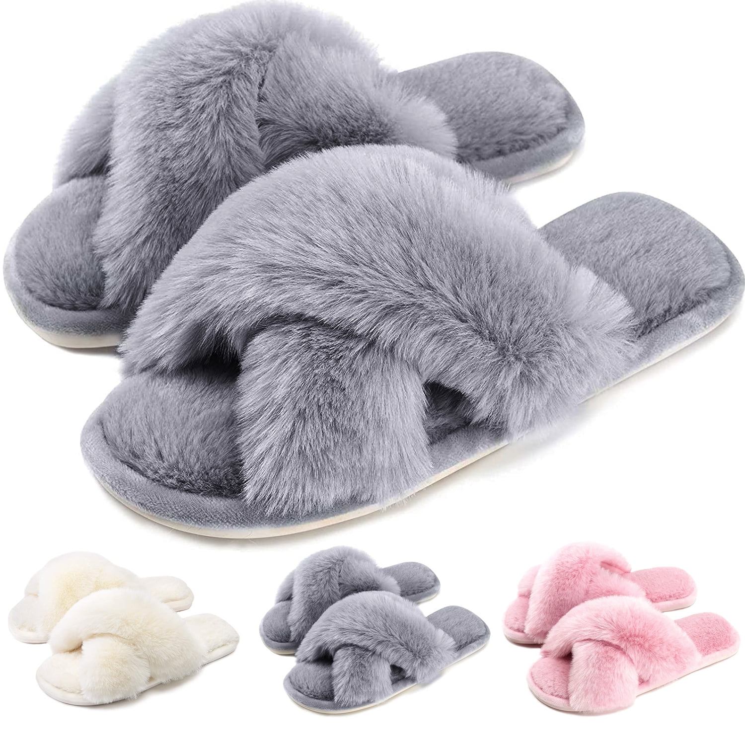 Astarin Women's Fuzzy Cross Band Slippers, Soft Plush Furry Open Toe, Indoor/Outdoor, Memory ...