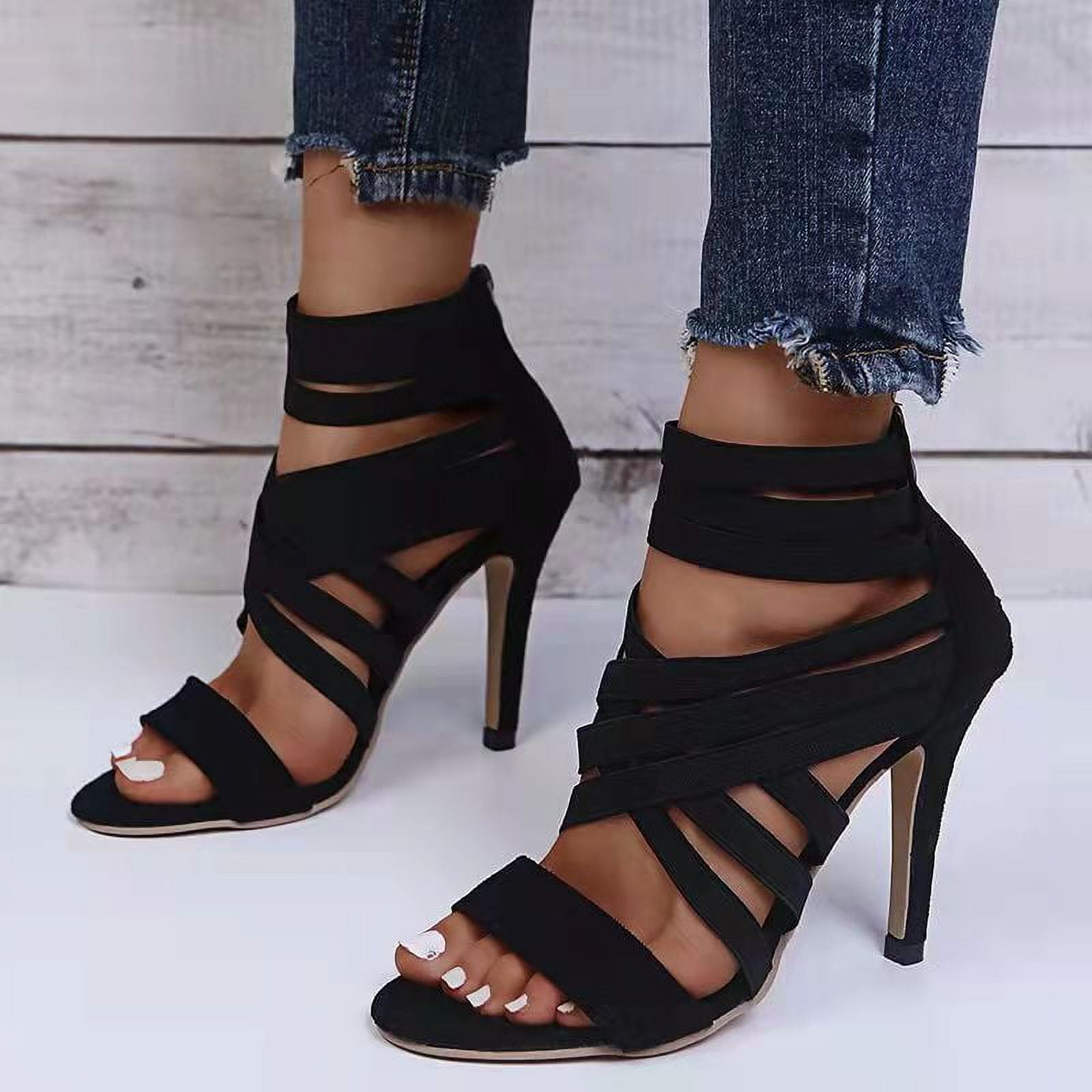 Women's Cross Elastic Strap Heel Open Toe Dress Sandal Zipper Closure ...