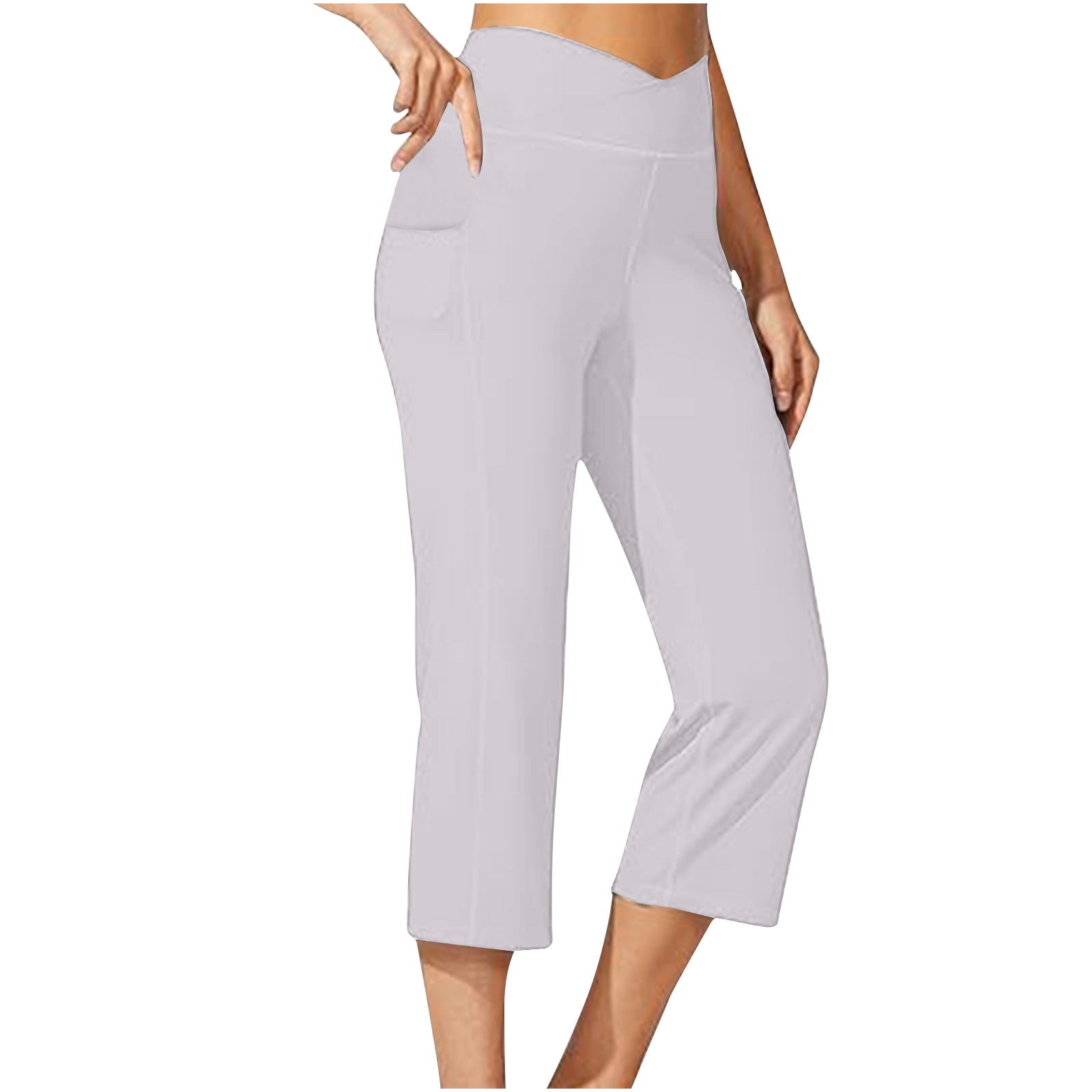 Women's Cross Waist Yoga Capris with Pocket, Gathered Crossover Workout ...
