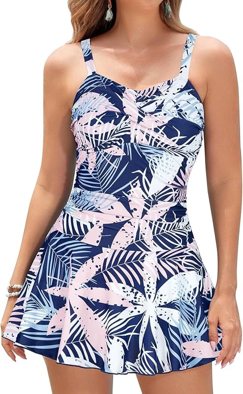 Women's Crossover Ruched Skirt One Piece Swimdress Swimsuit Bathing ...