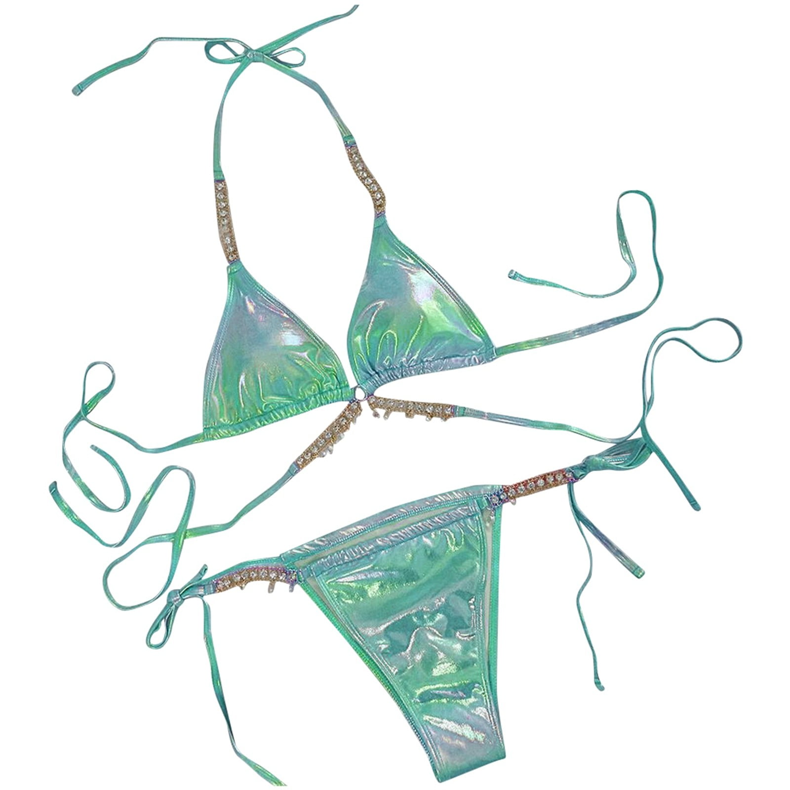 Womens Crystal Bikini Sexy Hot Stamping Strap Split Swimsuit Pool Vintage Swimwear Micro