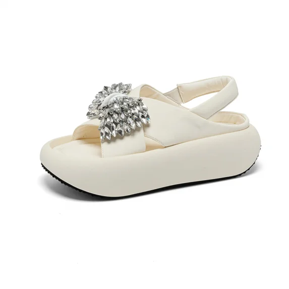 Women's Crystal Bow PU Thick Sole Sandals, Slingback Open-Toe Casual ...