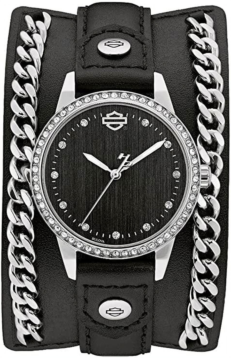 Women's Crystal Leather Cuff w/ Steel Chain Watch, Black 76L184, Harley ...