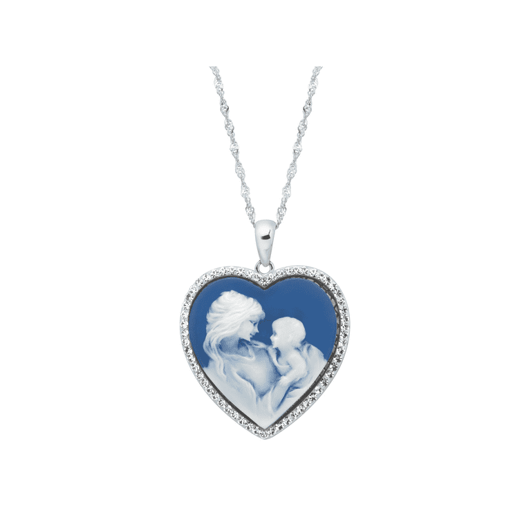 Crystaluxe Mother Child Inscribed Heart Cameo Pendant Necklace with Crystals in Sterling Silver 18