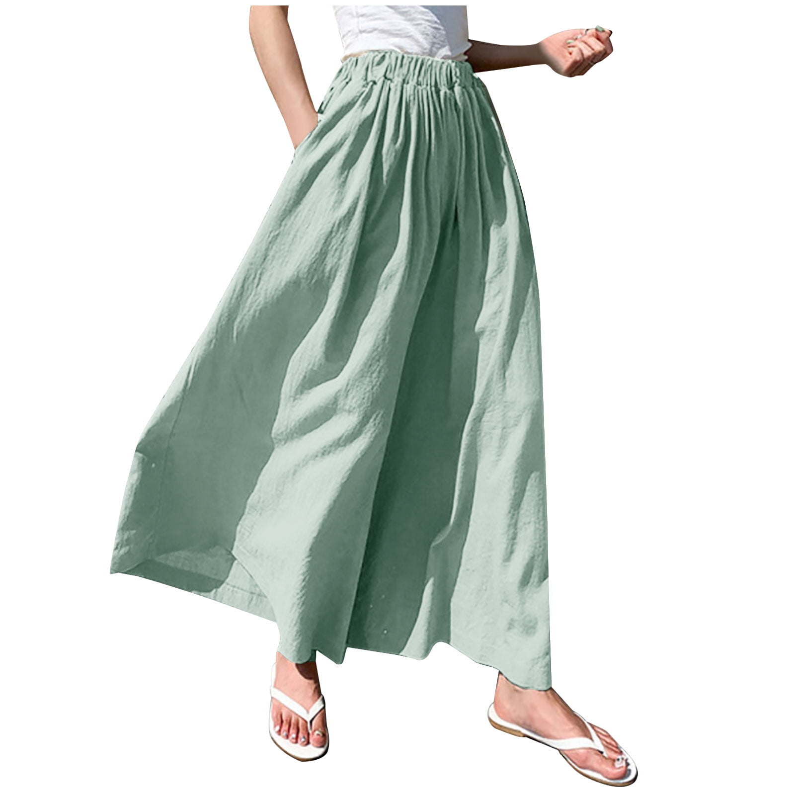 Women' s Culottes Linen Blend Wide Leg Pants Elastic Waist Casual ...