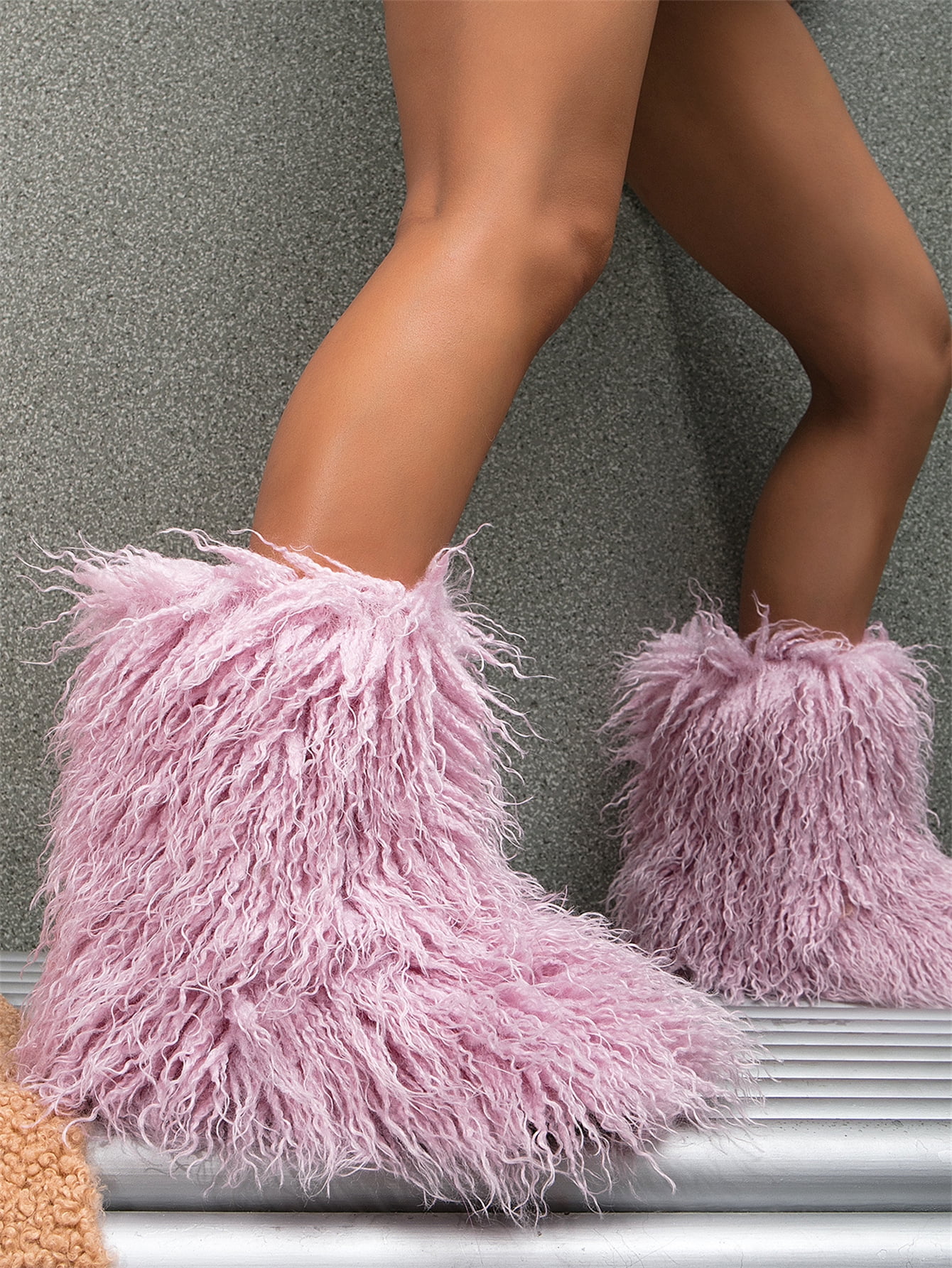 Women's Curly Faux Fur Snow Boots Fluffy Fuzzy Furry Winter Outdoor ...