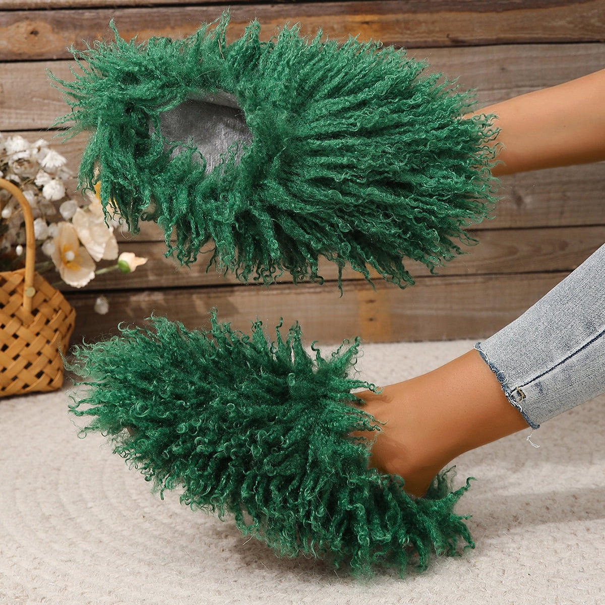Women's Curly Furry Slippers, Indoor Thermal Cozy Fuzzy Shoes, Warm ...
