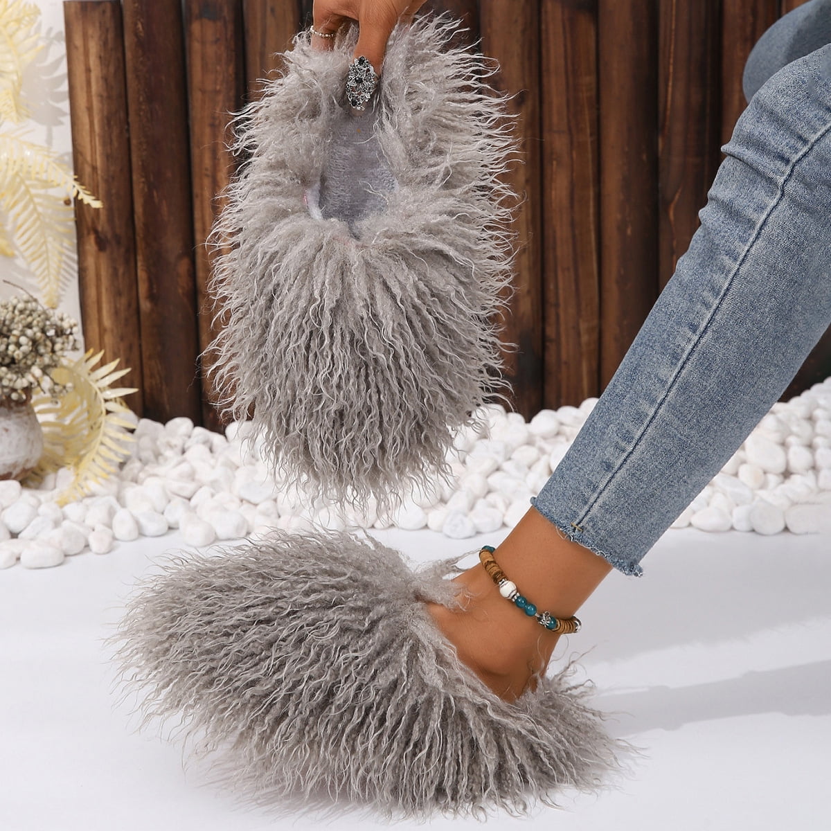 Women's Curly Furry Slippers, Indoor Thermal Cozy Fuzzy Shoes, Warm Bedroom Floor Plush Slippers ...
