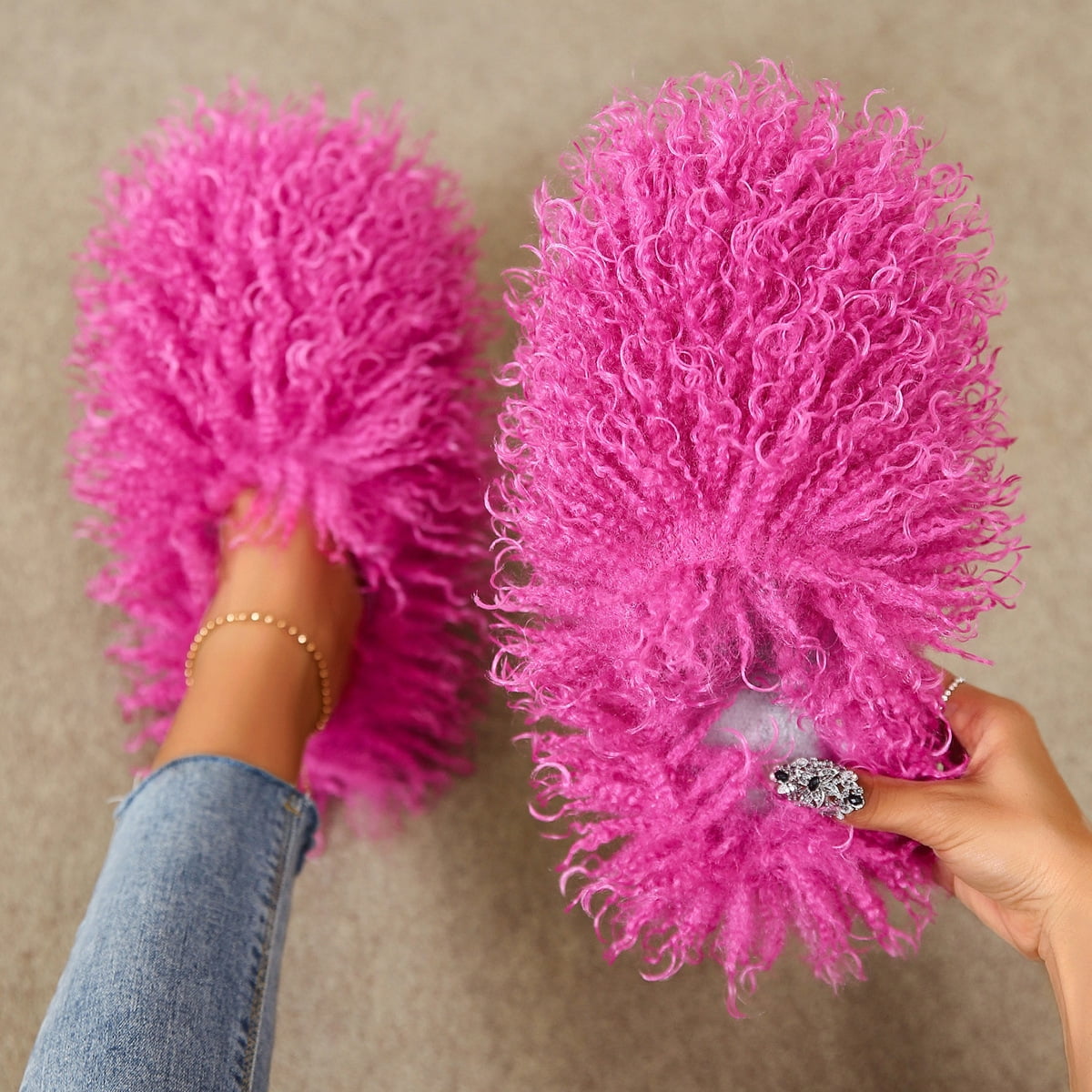 Women's Curly Furry Slippers, Indoor Thermal Cozy Fuzzy Shoes, Warm ...