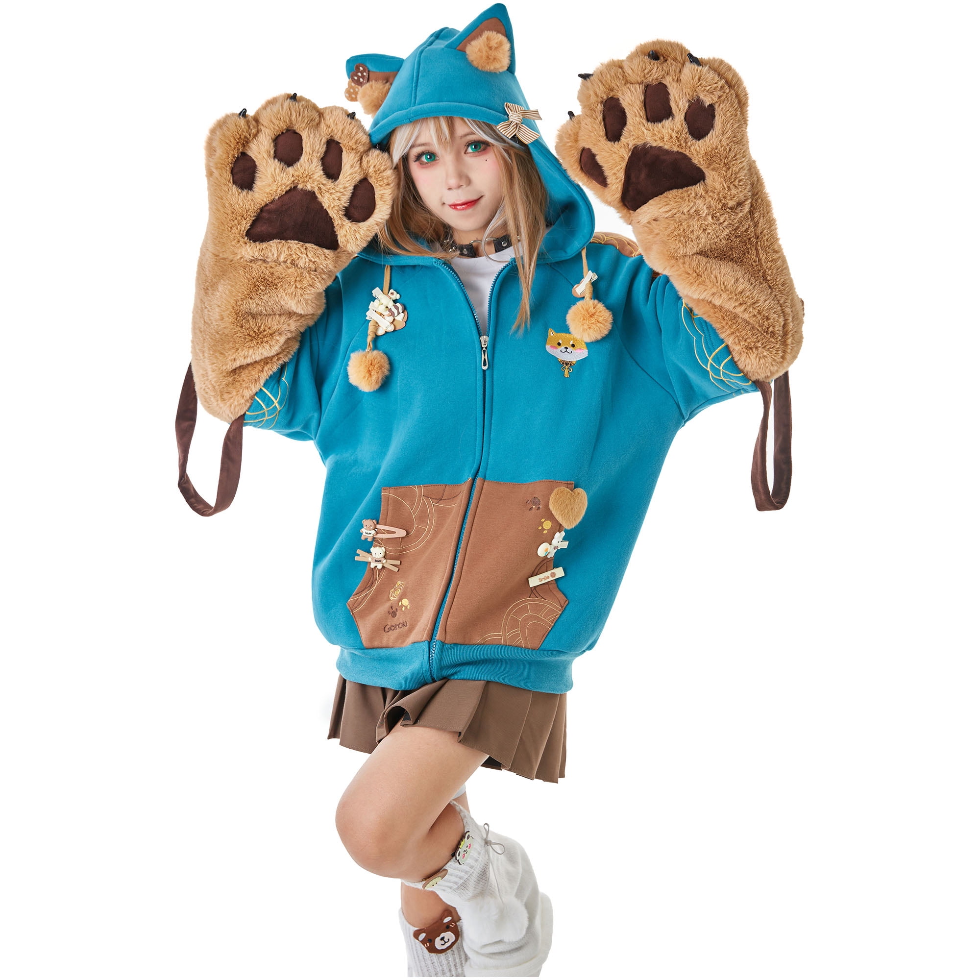 Women's Cute Plush Pullover Dog Ear Zipper Hoodie with Detachable Bag ...