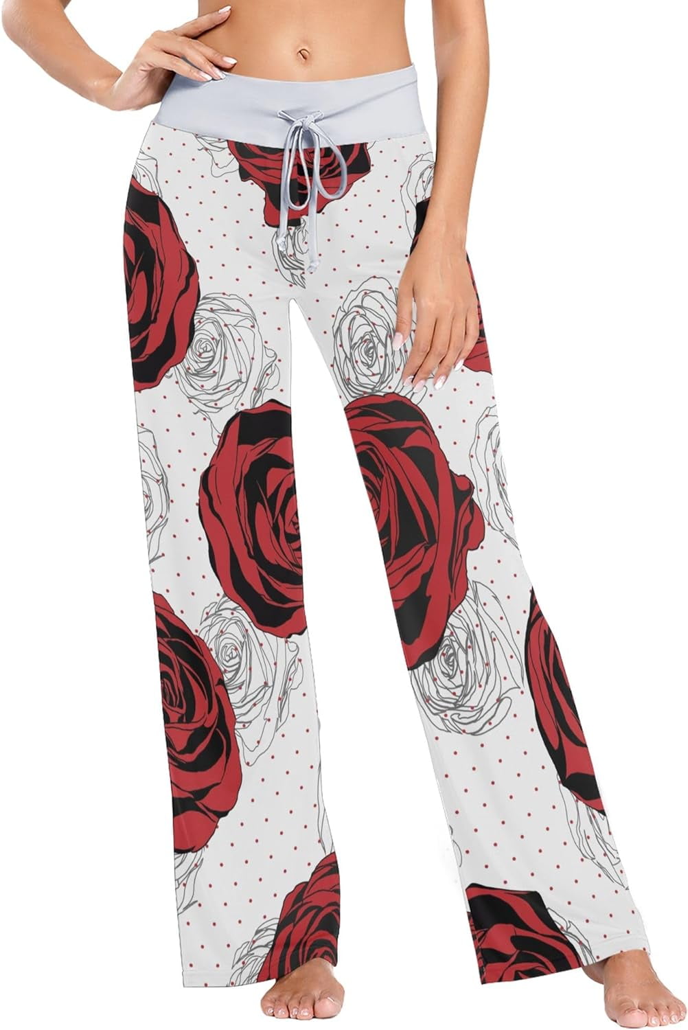 Women's Cute Red Rose Dots Pajama Pants, Casual Pajama Bottoms Lounge ...