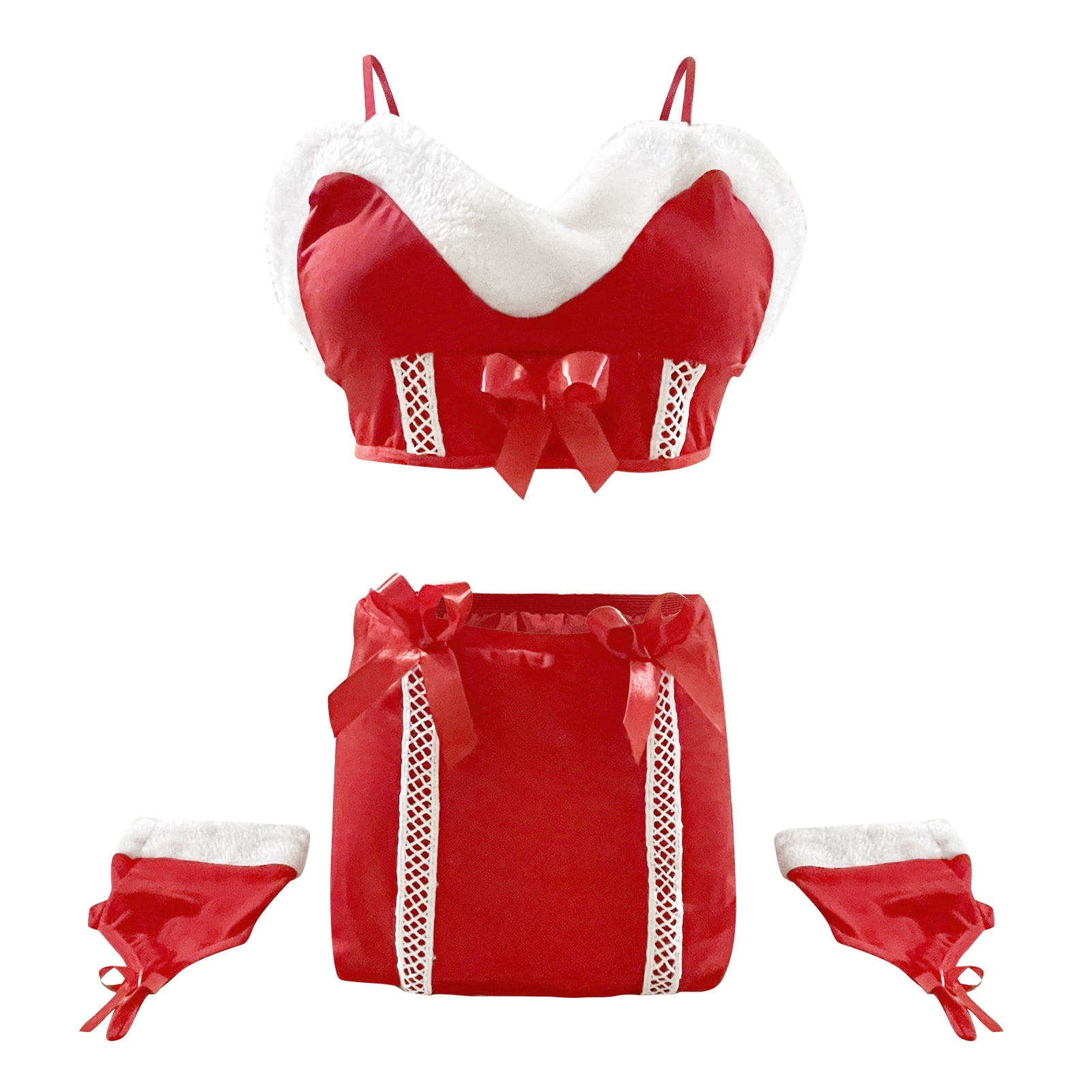 Womens Cute Santa Christmas Lingerie Set With Garter Belts Lace Teddy