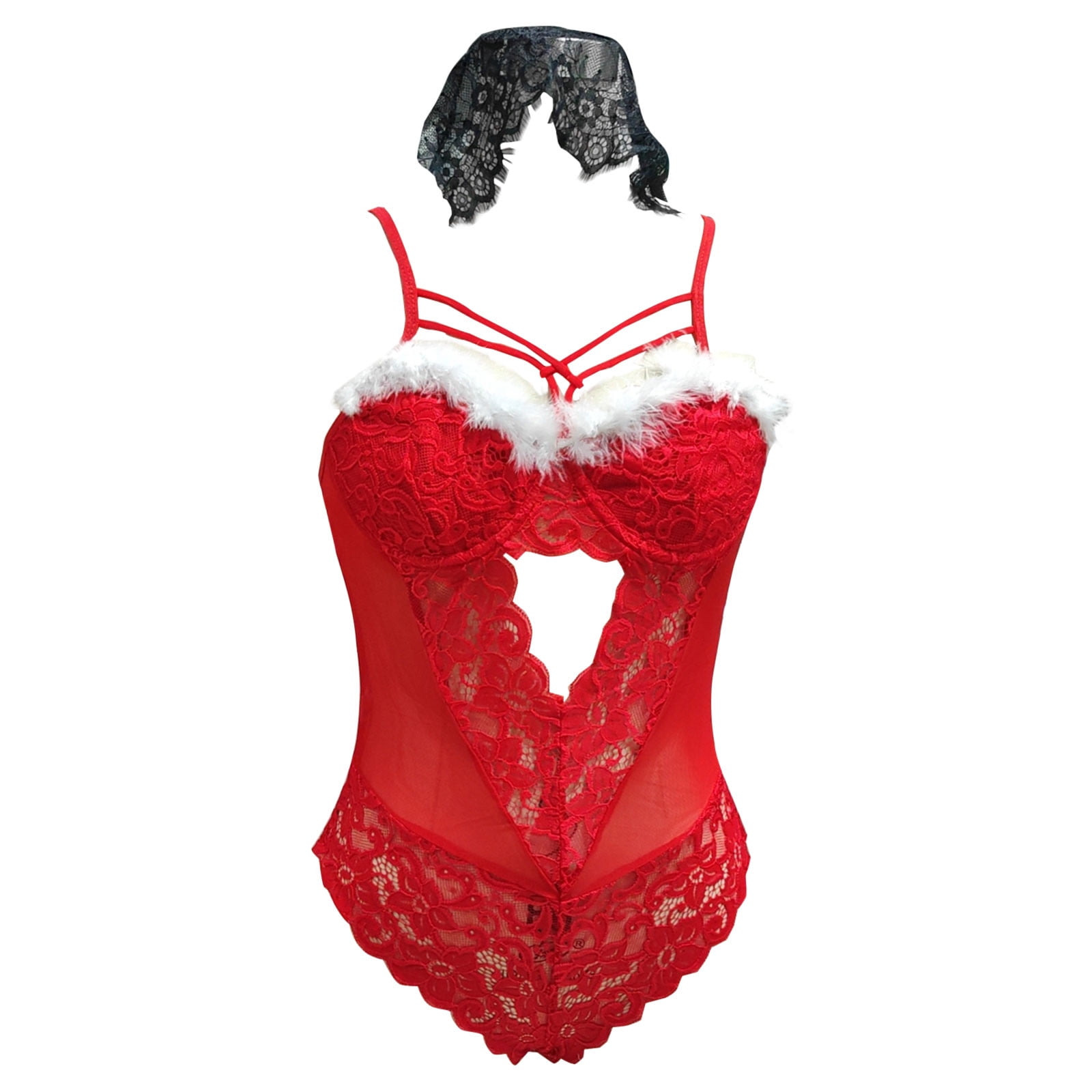 Womens Cute Santa Christmas Lingerie Set With Garter Belts Lace Teddy