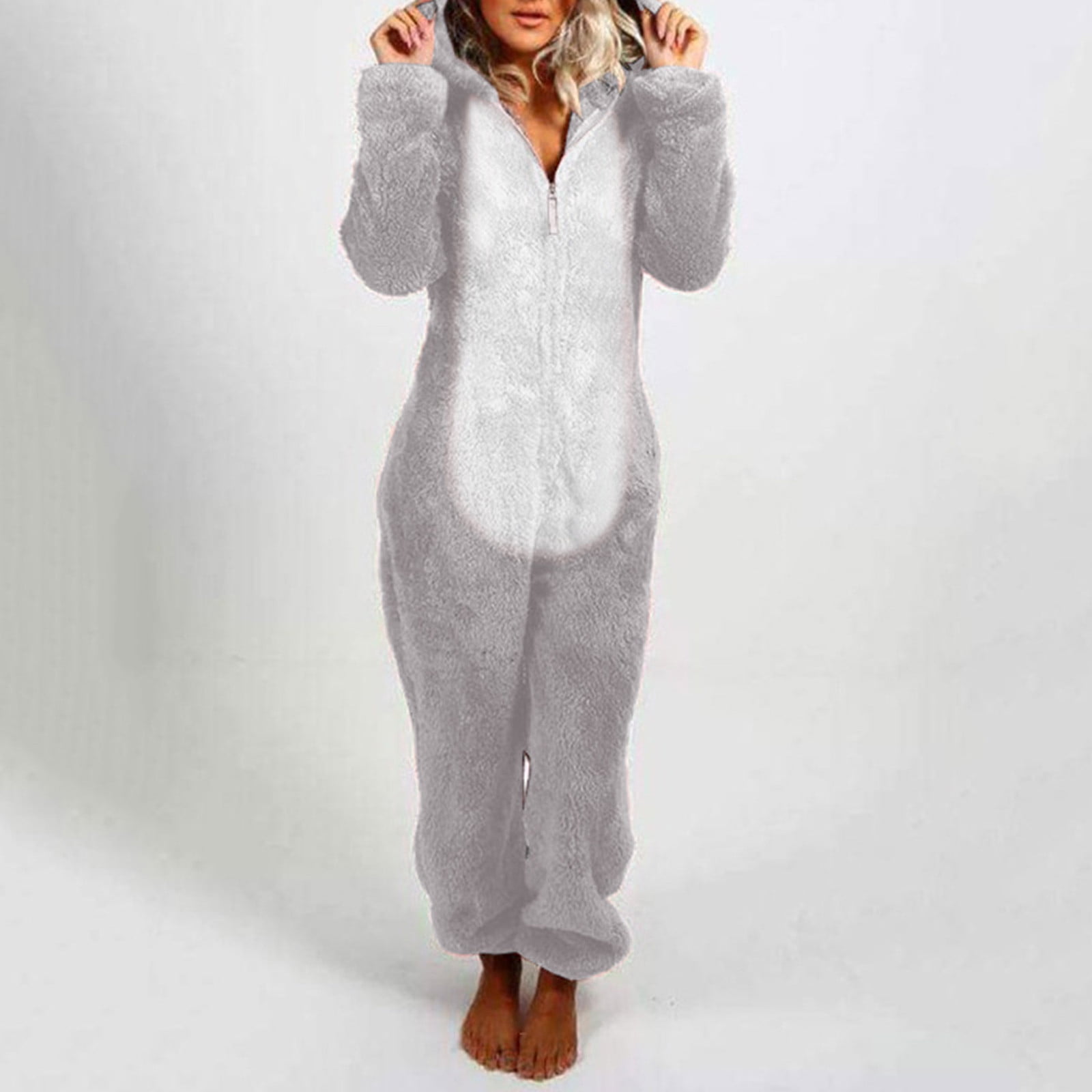 Womens Cute Sherpa Romper Fleece Onesie Pajama One Piece Zipper Plus