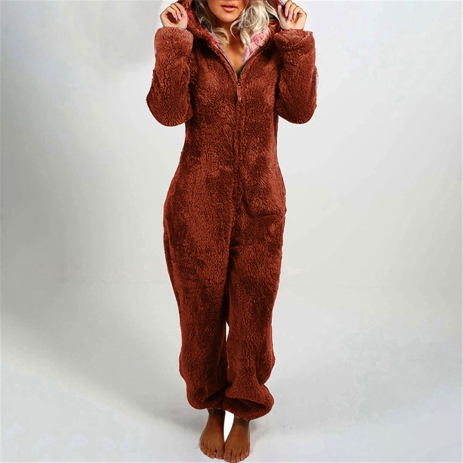 Womens Cute Sherpa Romper Fleece Onesie Pajama One Piece Zipper Plus