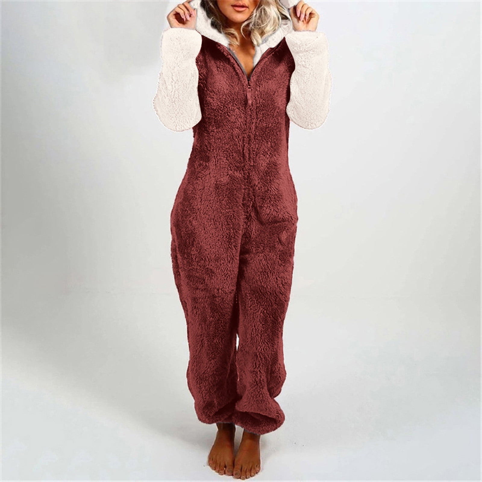Womens Cute Sherpa Romper Fleece Onesie Pajama One Piece Zipper Plus