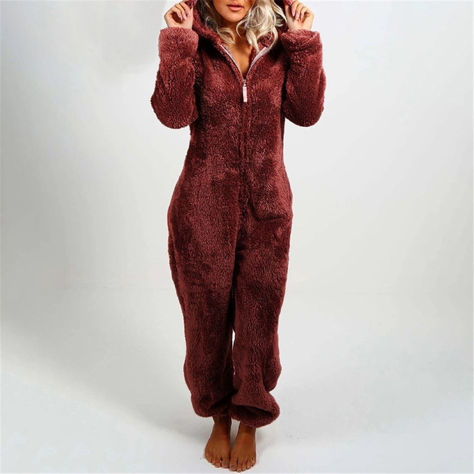 Women's Cute Sherpa Romper Fleece Onesie Pajama One-Piece Zipper Plus ...