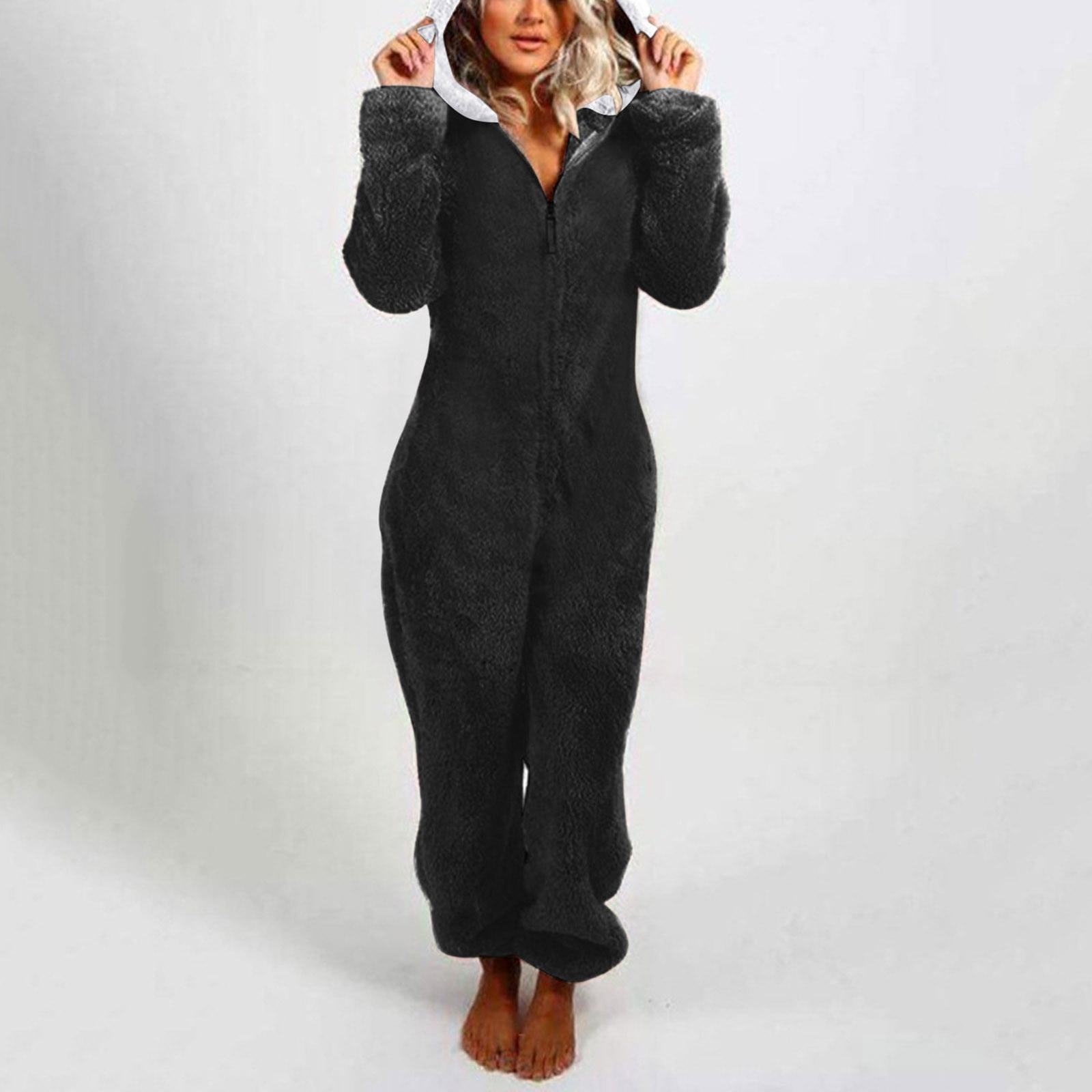 Womens Cute Sherpa Romper Fleece Onesie Pajama One Piece Zipper Plus