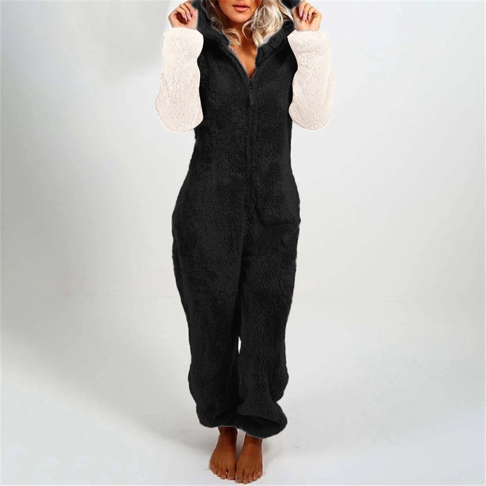 Womens Cute Sherpa Romper Fleece Onesie Pajama One Piece Zipper Plus