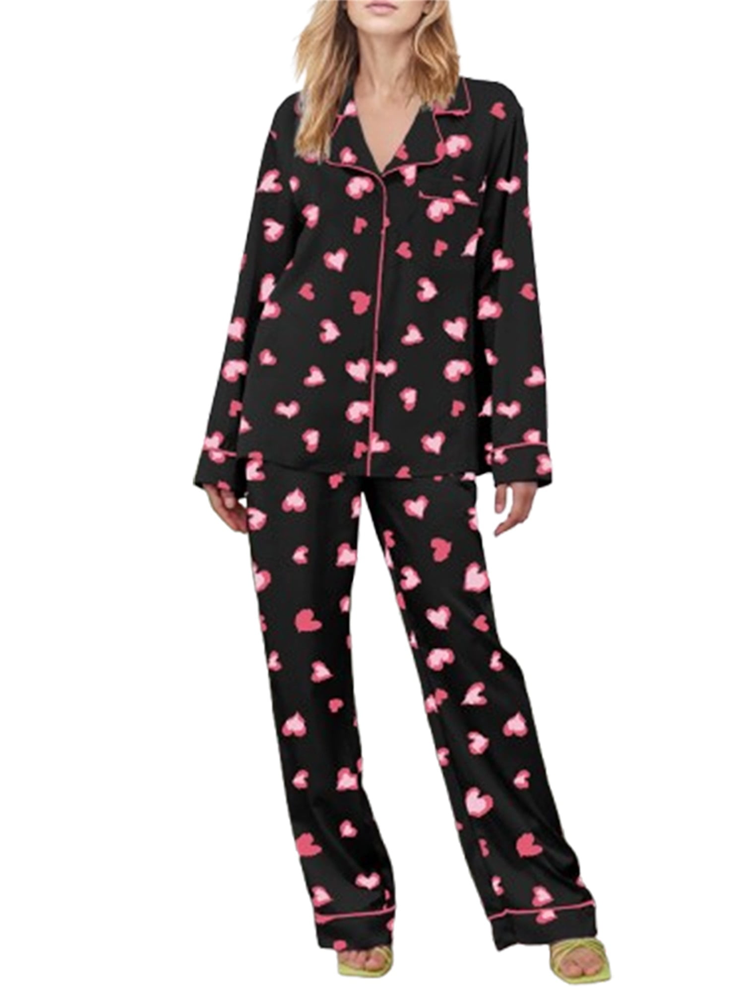 Women’s Cute Valentine's Day Pajama Set Heart Print Long Sleeve Shirt and Pants 2Pcs Satin ...