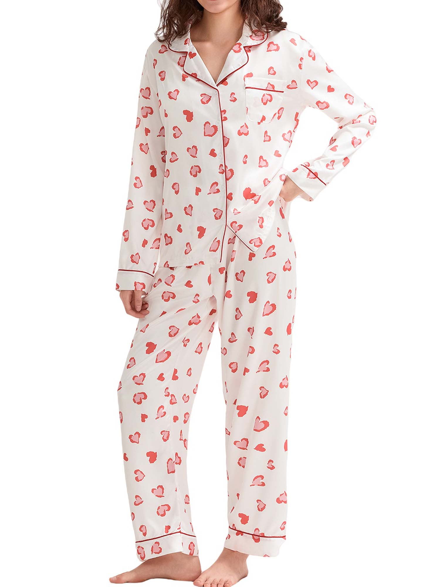 Women’s Cute Valentine's Day Pajama Set Heart Print Long Sleeve Shirt and Pants 2Pcs Satin ...