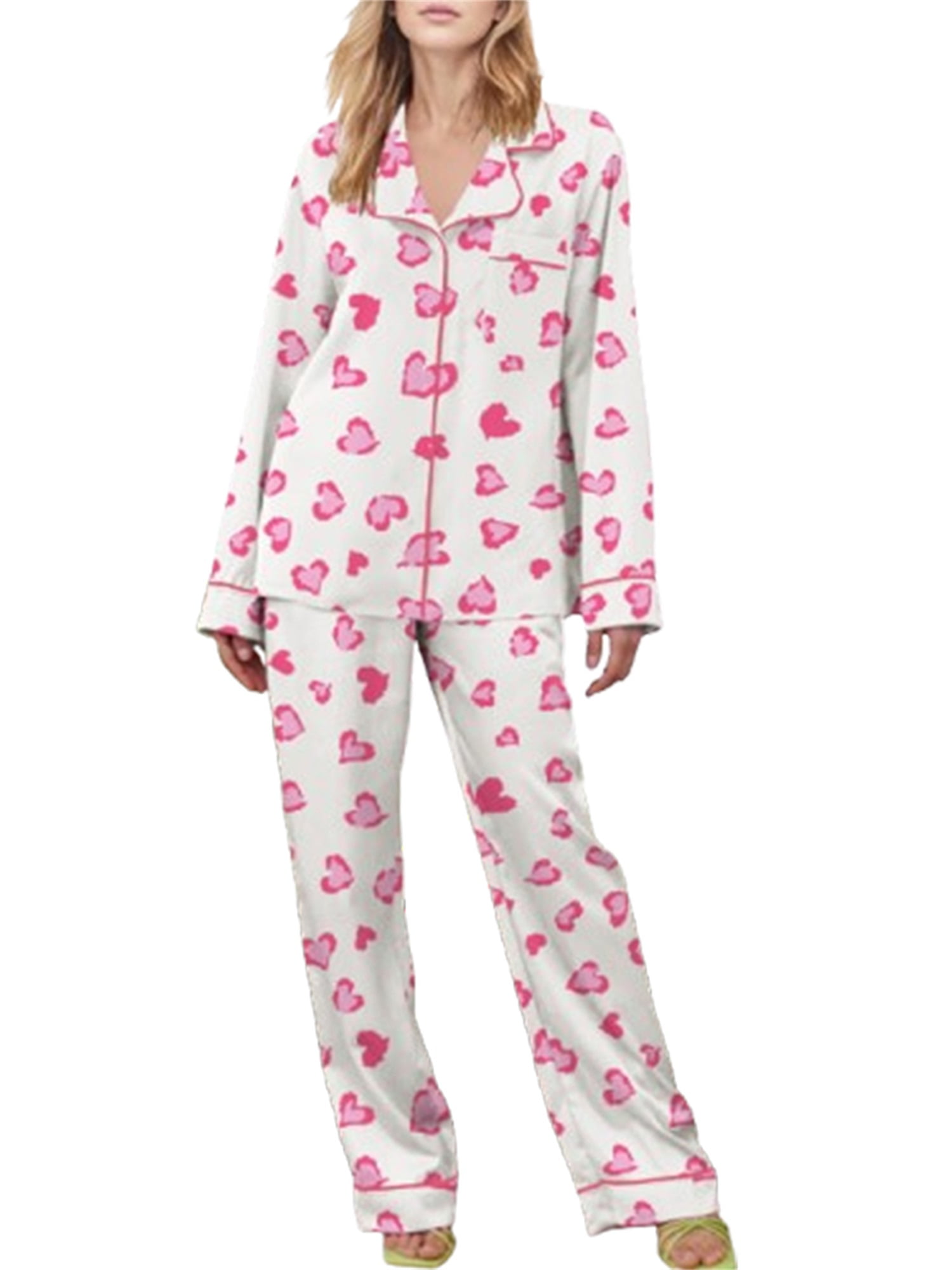 Women’s Cute Valentine's Day Pajama Set Heart Print Long Sleeve Shirt and Pants 2Pcs Satin ...