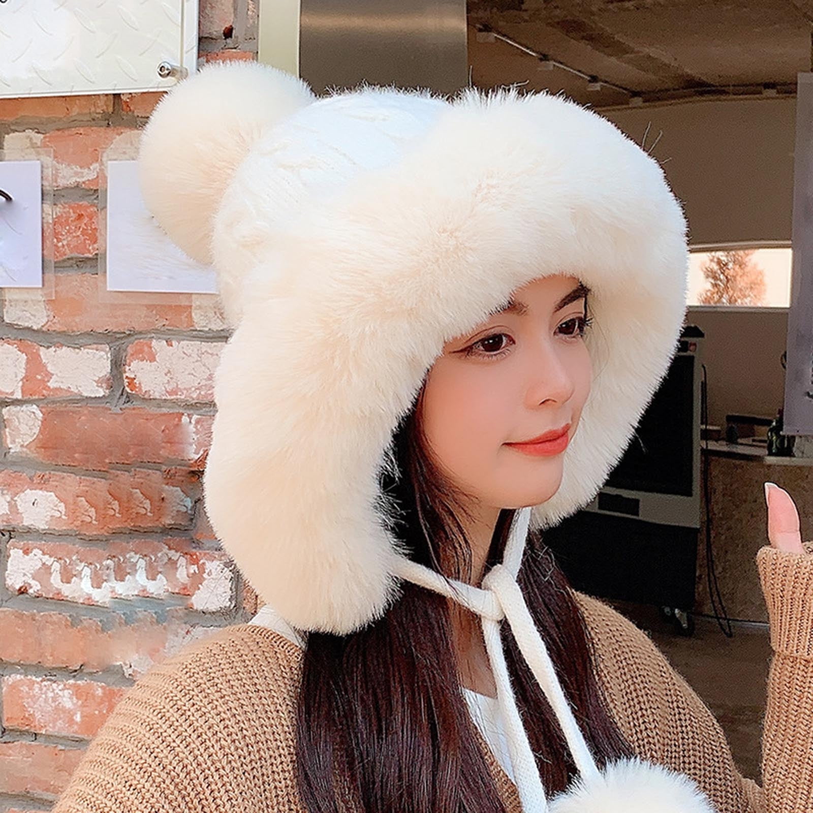 Women's Cute Winter Knit Hat, Plush Faux Fur Brim and Pom Pom, Tie ...