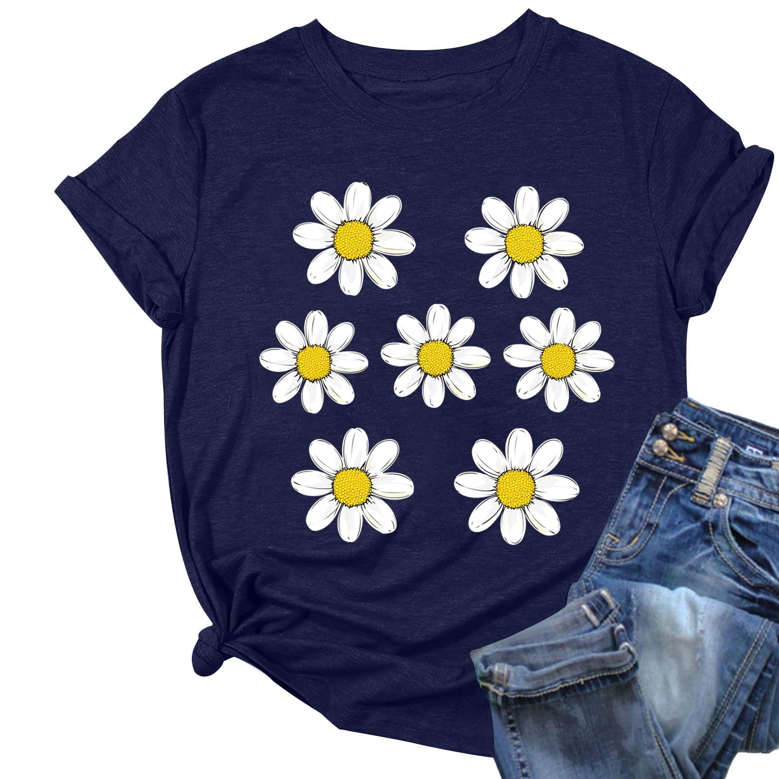 Women's Daisy Floral Tops Crewneck Short Sleeve Casual Summer Tshirts T ...