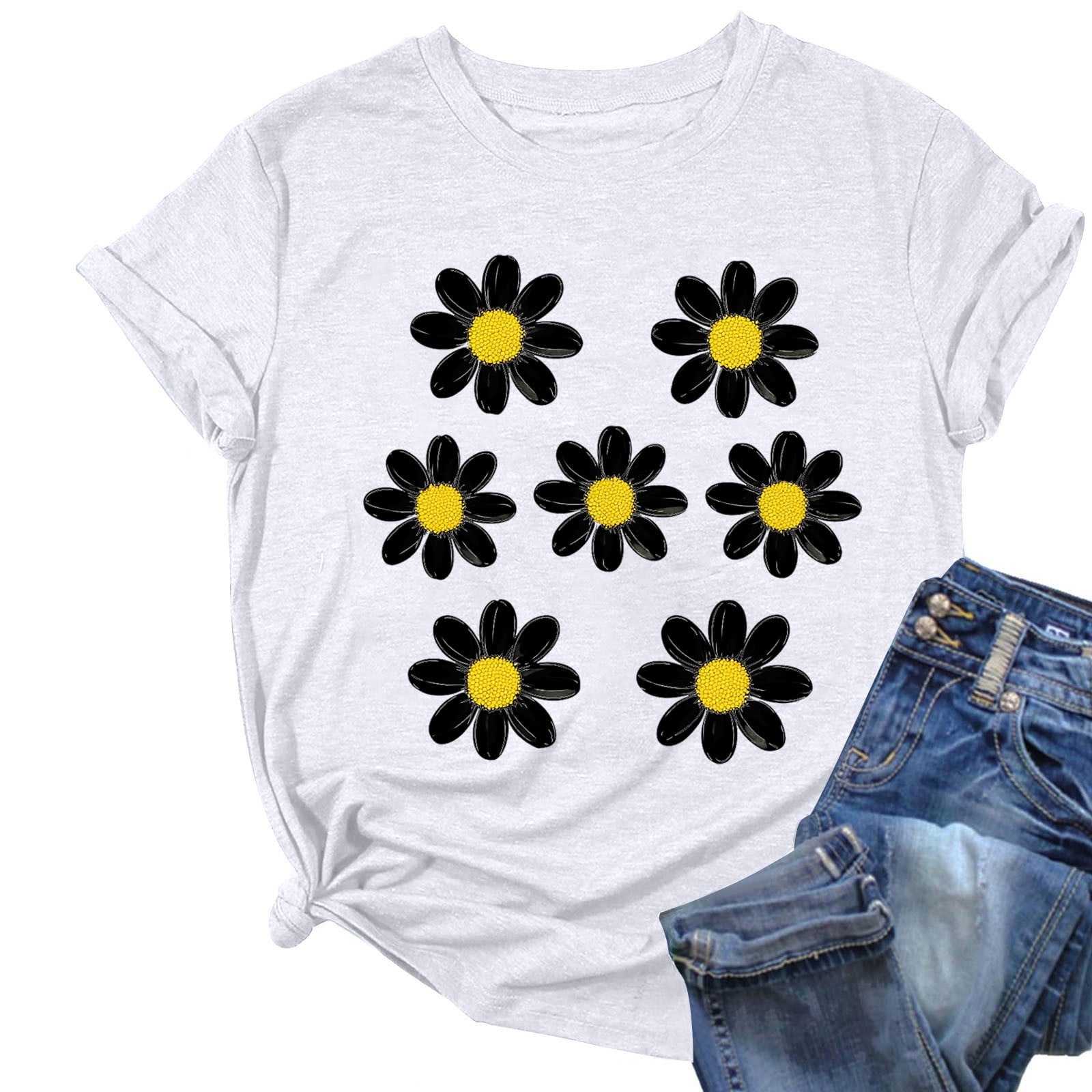 Women's Daisy Floral Tops Crewneck Short Sleeve Casual Summer Tshirts T ...