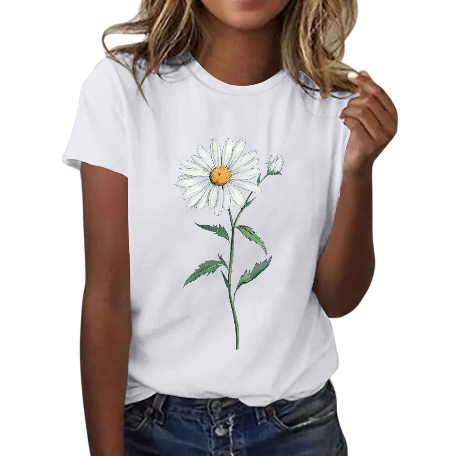 Women's Daisy Smile Face Graphic Tee Shirt Casual Short Sleeve Crewneck ...