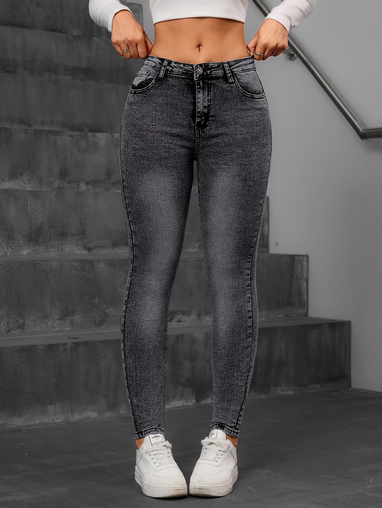 Women's Dark Grey Mid Rise Stretch Jeans Skinny Ankle Pants 2025 Fall ...