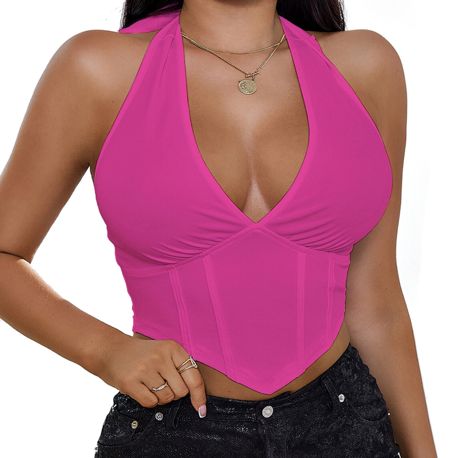 Womens Deep V Neck Sleeveless Crop Tops Sexy Halter Lace Up Backless